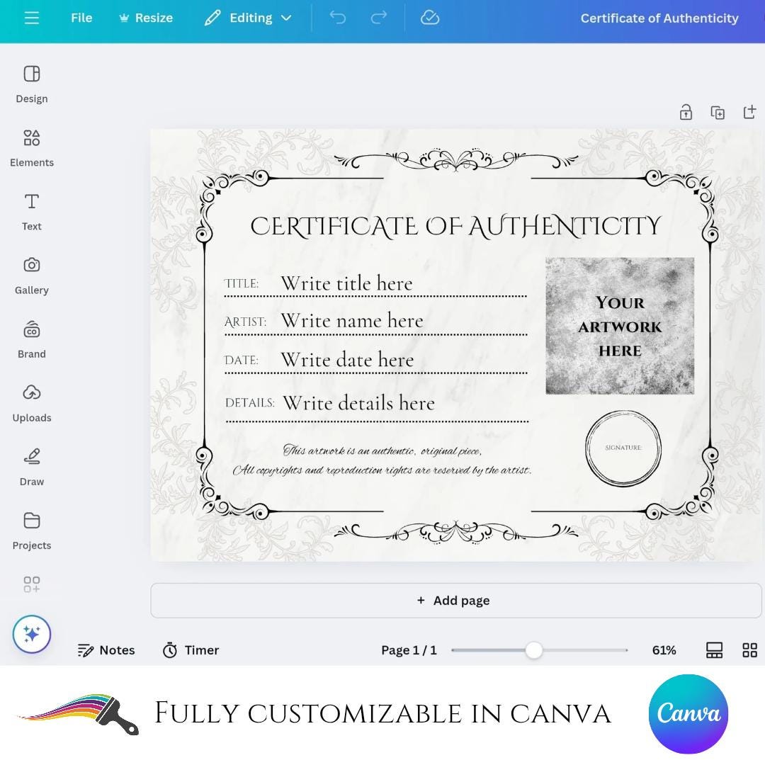 Printable Certificate of Authenticity for Artwork, Customisable COA ...