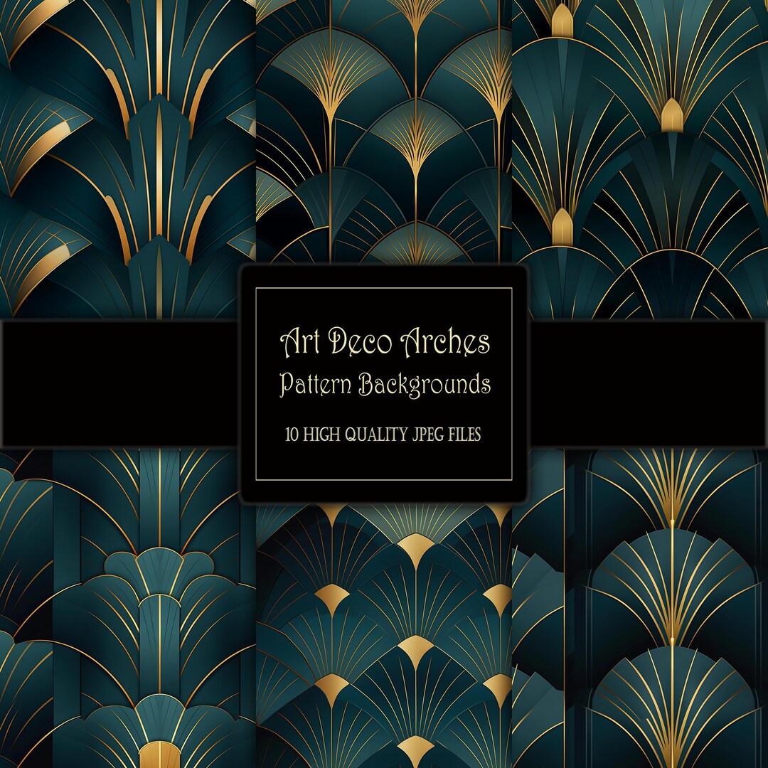 Vintage Art Deco Digital Paper, Teal and Gold Digital Paper Pack, Art ...