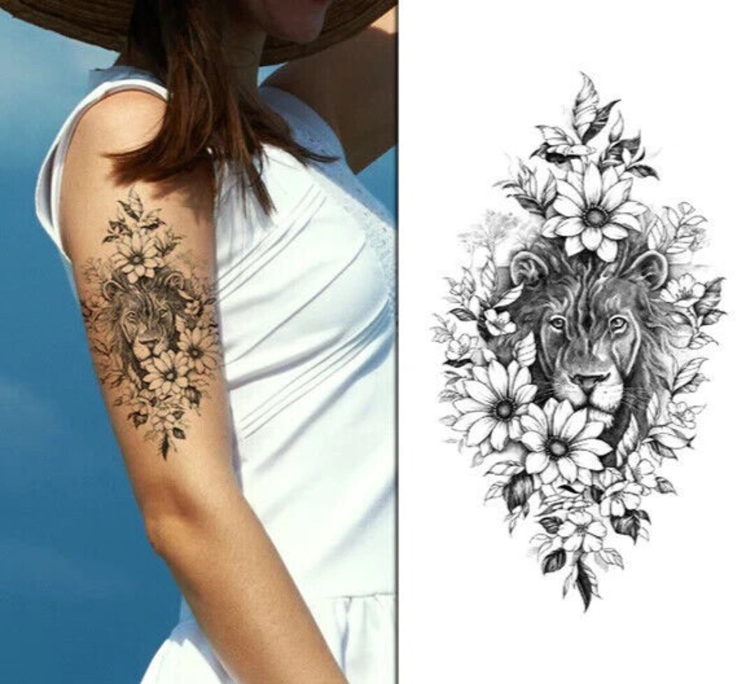 Lion Lioness in Flowers Temporary Tattoo Fake Sticker Women - Etsy
