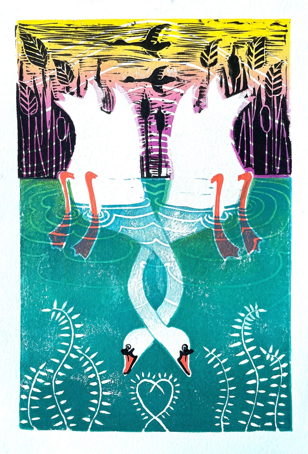 Diving Swan Couple Original Lino Print A5. Unframed Linocut Print. - Etsy