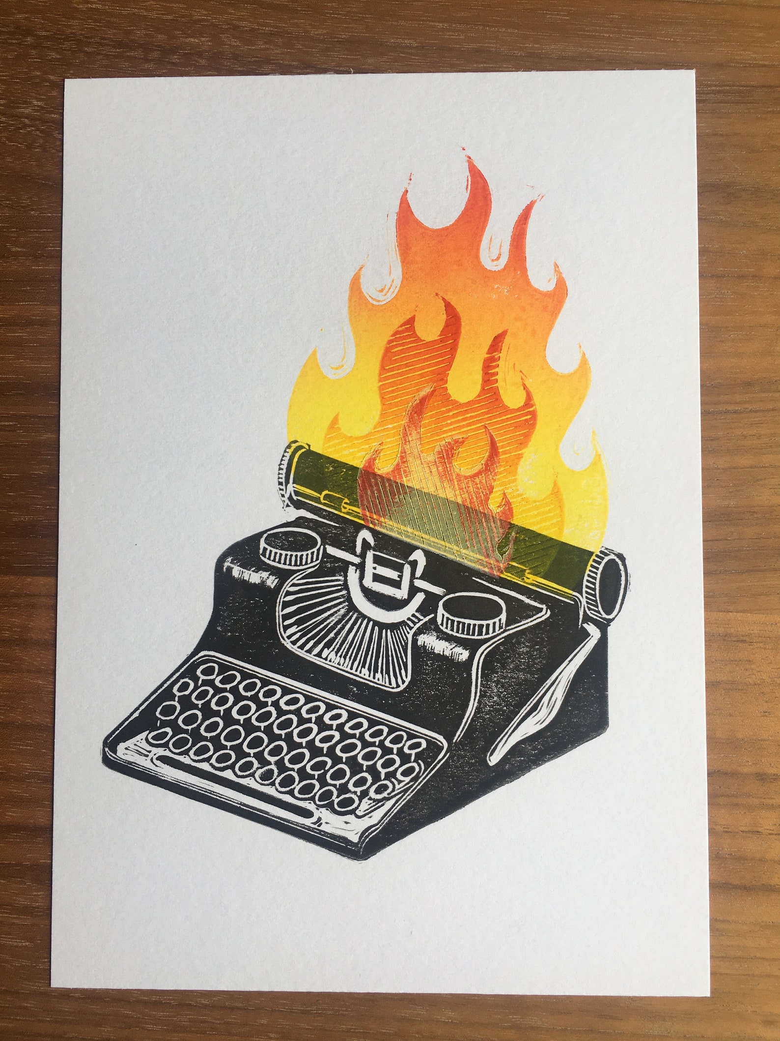 A5 Flaming Typewriter Original Lino Print. Lino Cut Relief Print ...