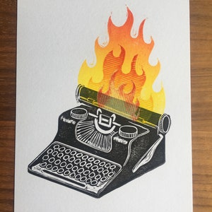 A5 Flaming Typewriter Original Lino Print. Lino Cut Relief Print ...