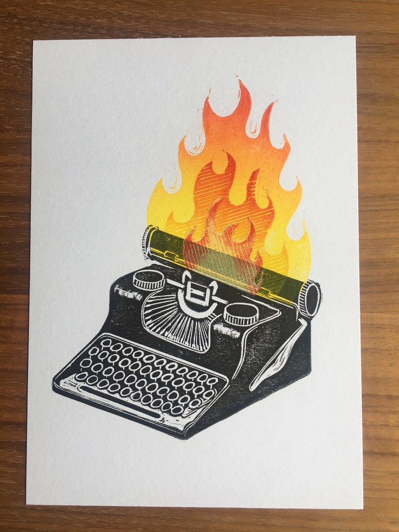 A5 Flaming Typewriter Original Lino Print. Lino Cut Relief Print ...