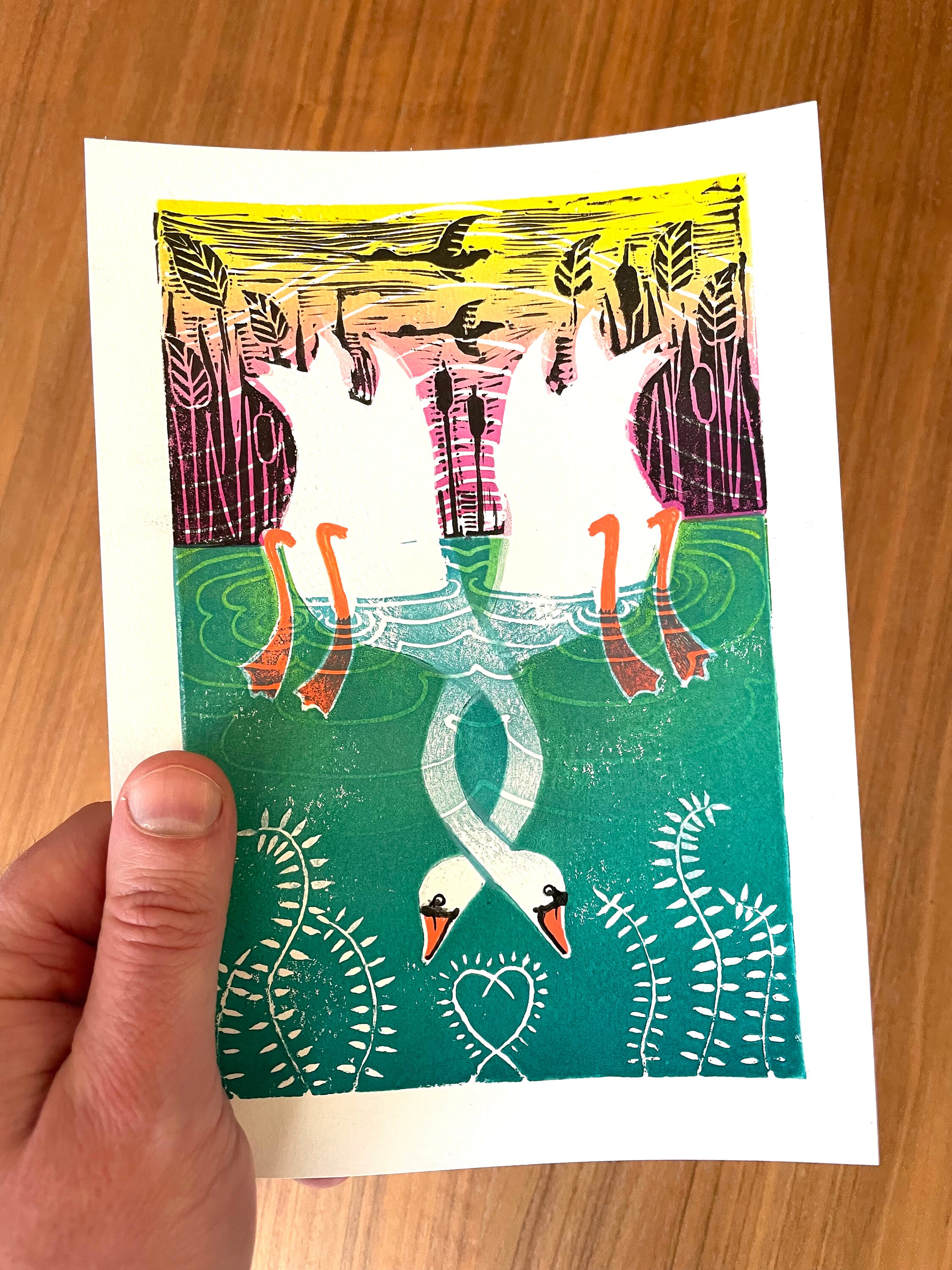 Diving Swan Couple Original Lino Print A5. Unframed Linocut - Etsy UK
