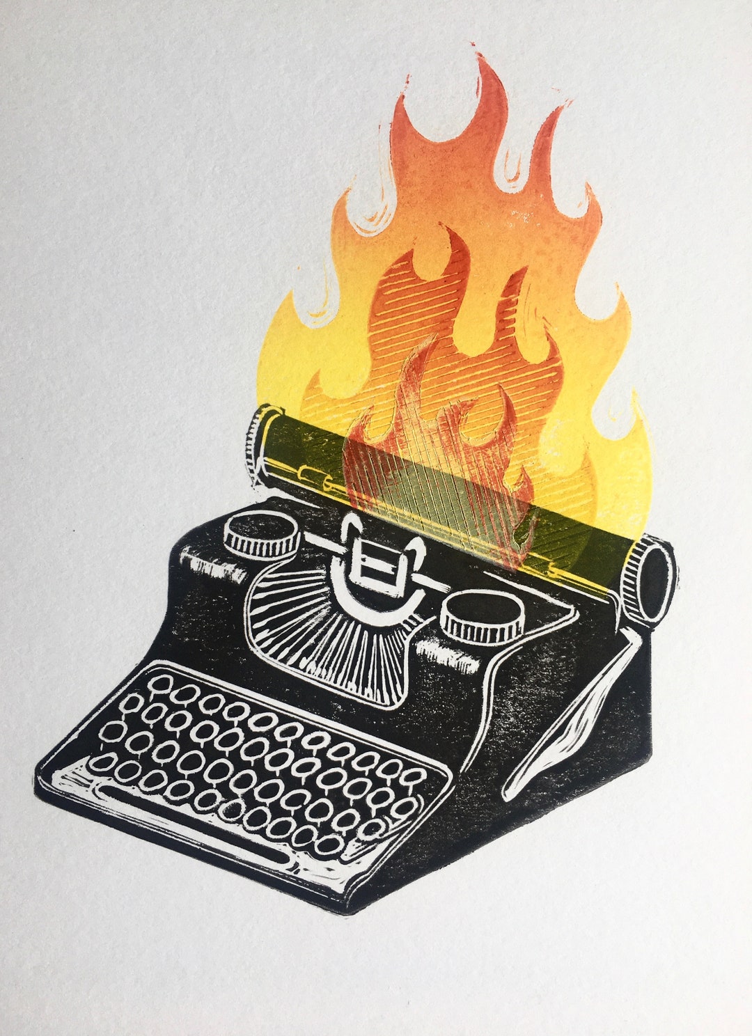 A5 Flaming Typewriter Original Lino Print. Lino Cut Relief Print ...