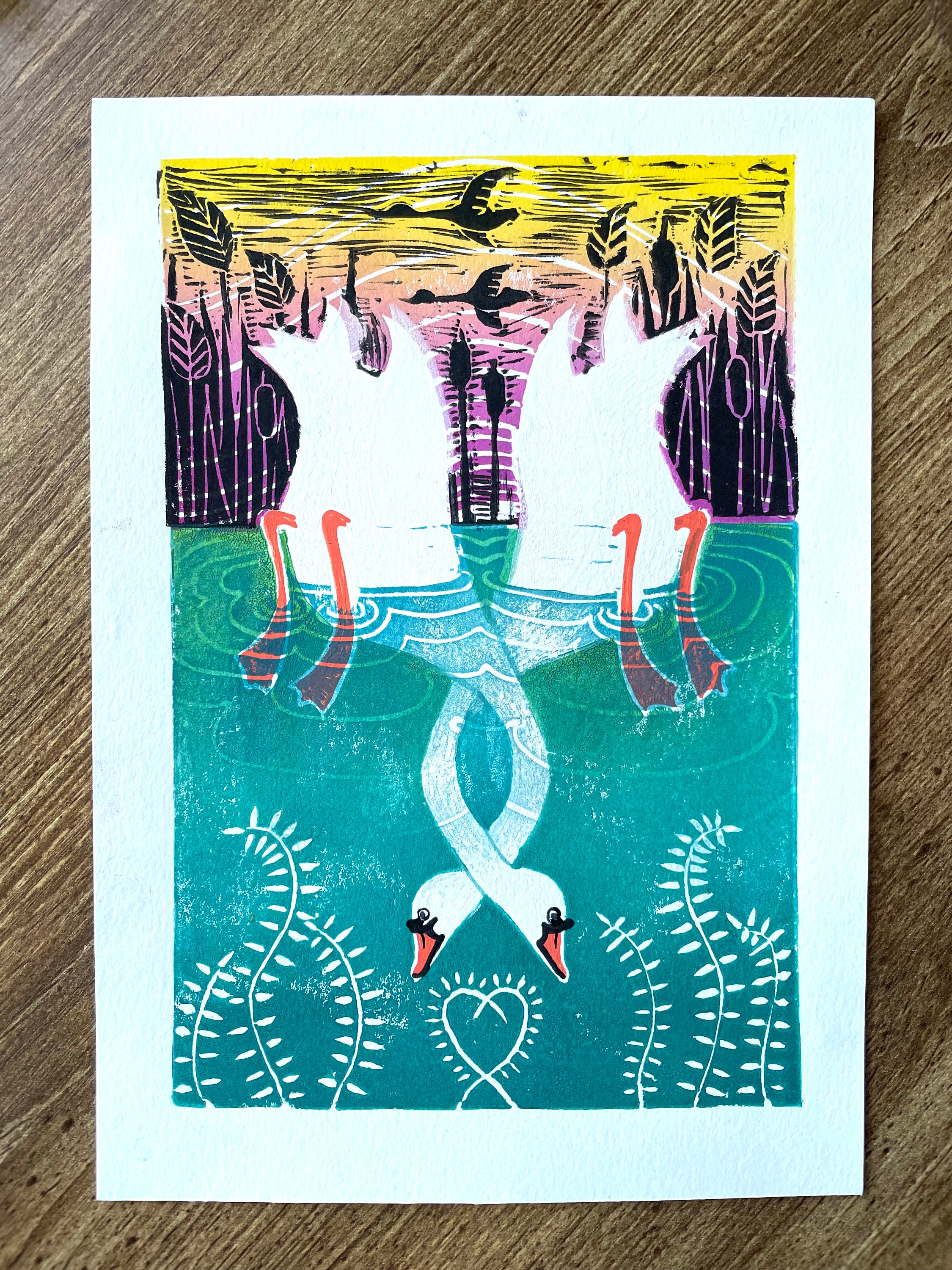 Diving Swan Couple Original Lino Print A5. Unframed Linocut - Etsy UK