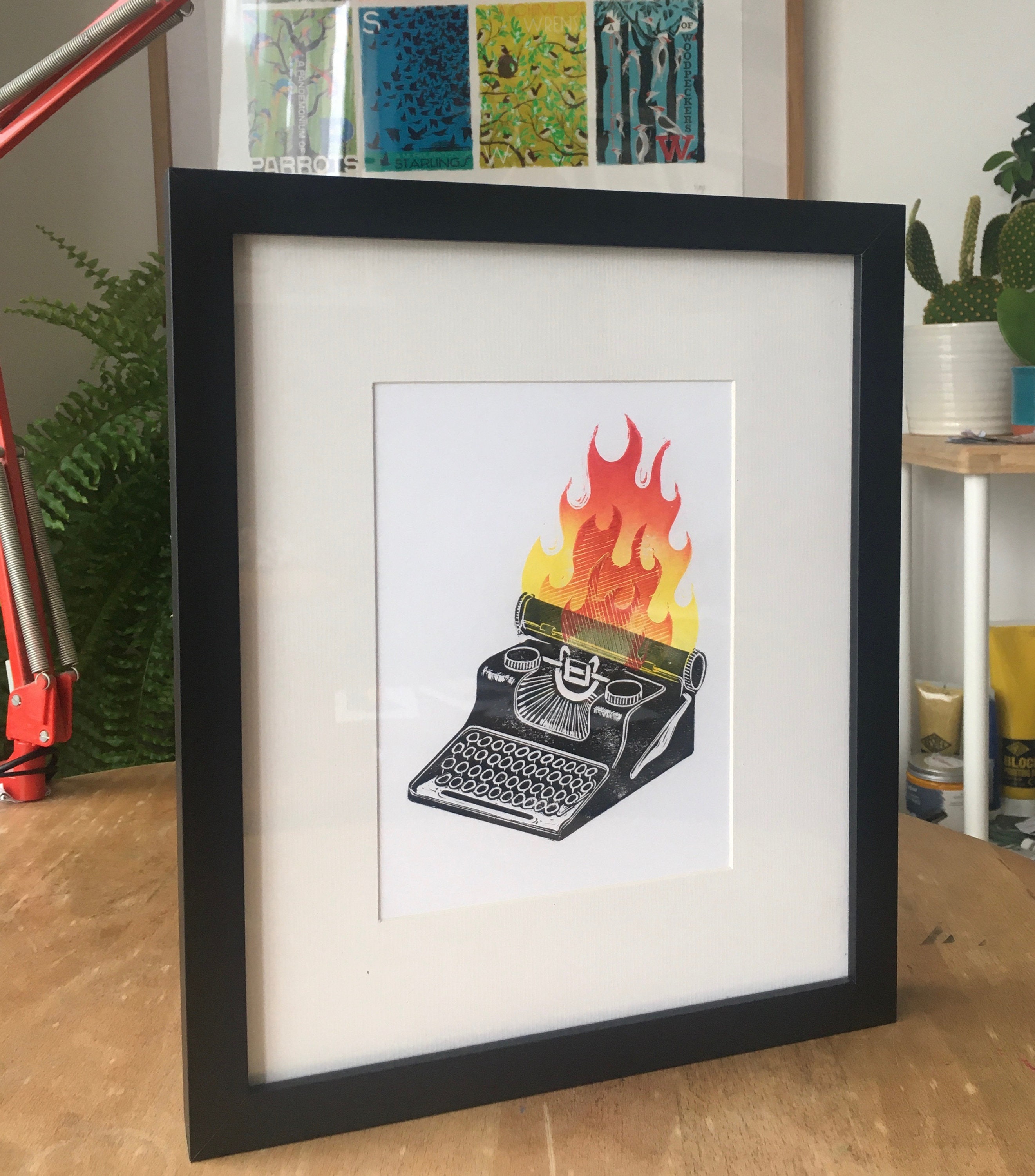A5 Flaming Typewriter Original Lino Print. Lino Cut Relief Print ...