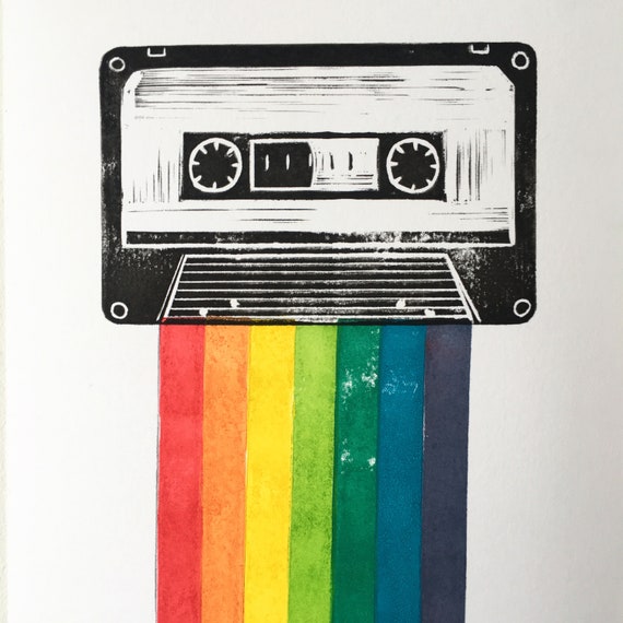 Rainbow Cassette Lino Print A5. Original Linocut Print. | Etsy
