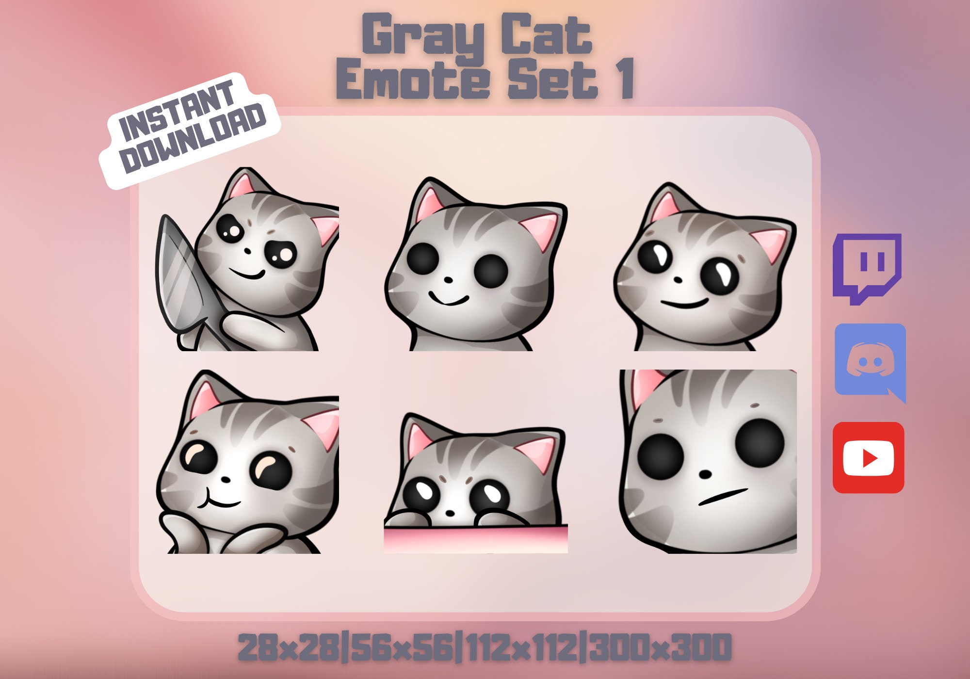 Gray Cat Emotes Kawaii 6 Cute Cat Emotes Smirk Knife - Etsy Canada