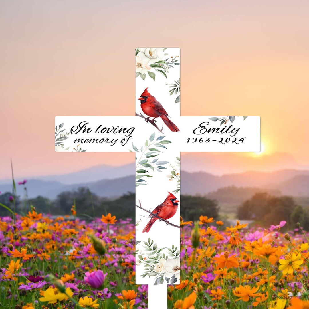 Custom Cardinal Memorial Cross Garden Stake,red Cardinal Memorial Cross ...