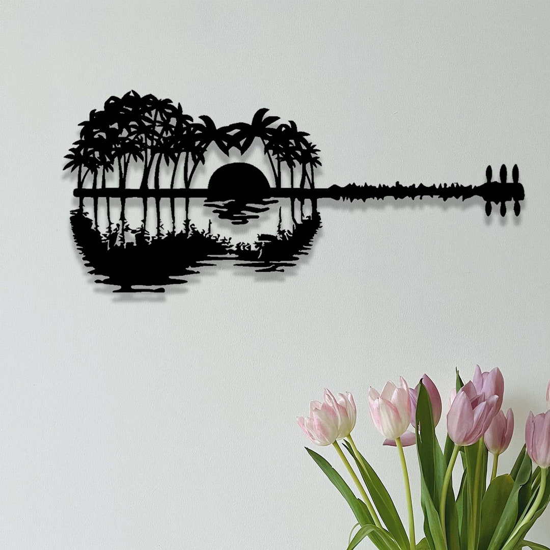 Guitar Sunset Metal Sign,guitar Mirror Design Metal Wall Art,metal ...