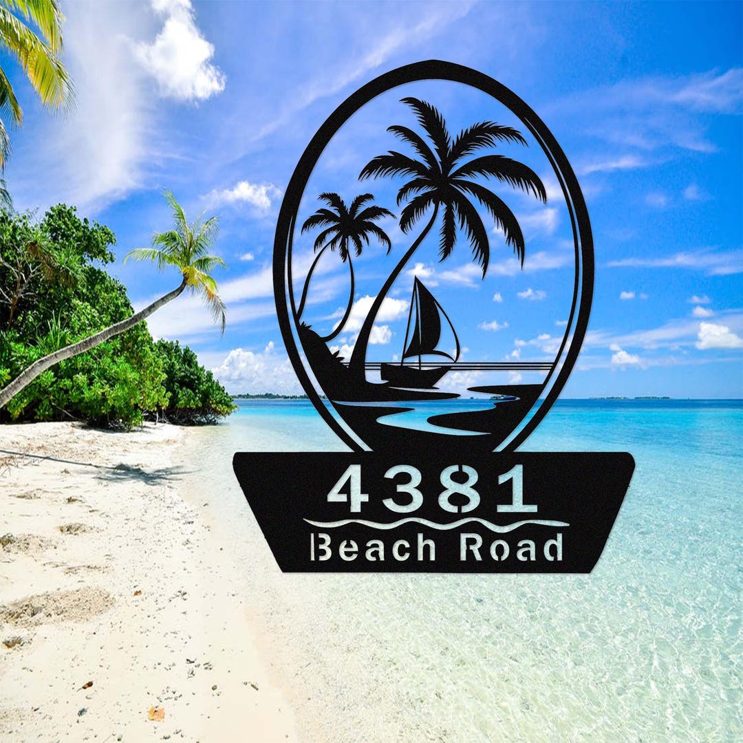 Custom Beach House Address Metal Sign, Beach Surfboard Palm Tree Wall ...