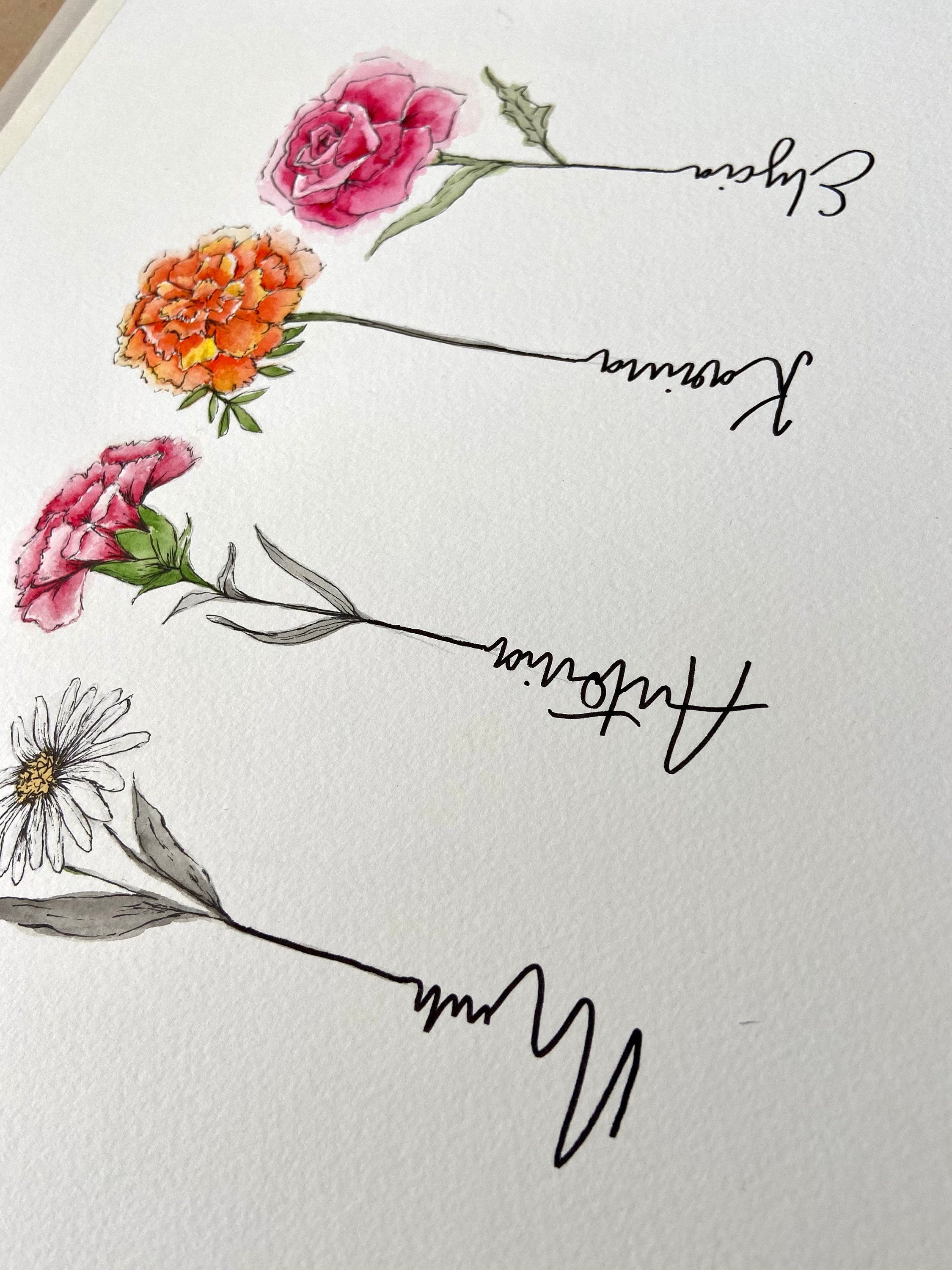 Birth Flower Family Watercolour Drawing / Personalised Birth Flower ...