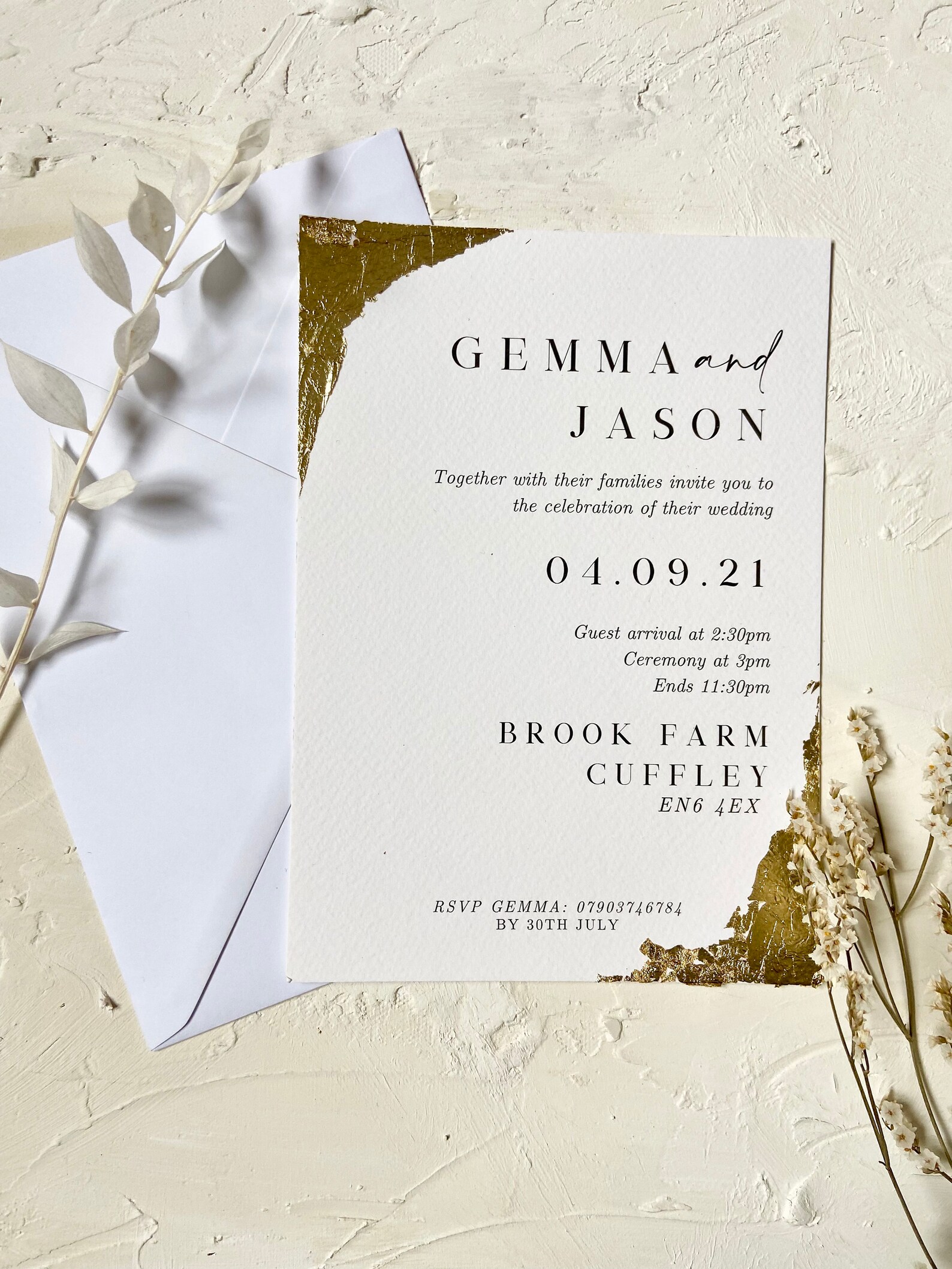 Bespoke Gold Leaf Wedding Invitation / Save the Date A5 With Envelope ...