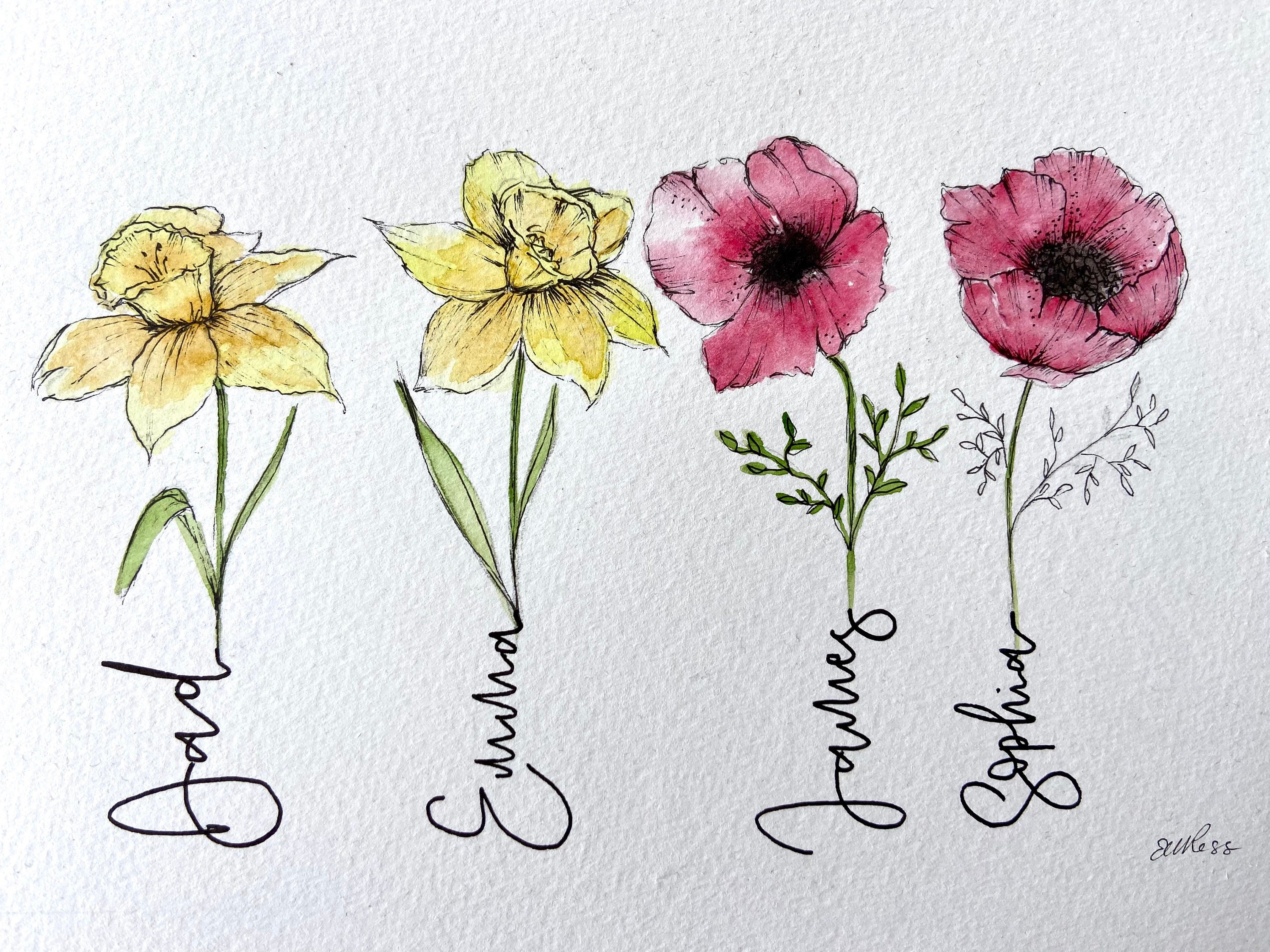 Birth Flower Family Watercolour Drawing / Personalised Birth | Etsy