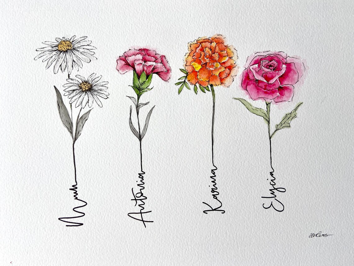 Birth Flower Family Watercolour Drawing / Personalised Birth | Etsy