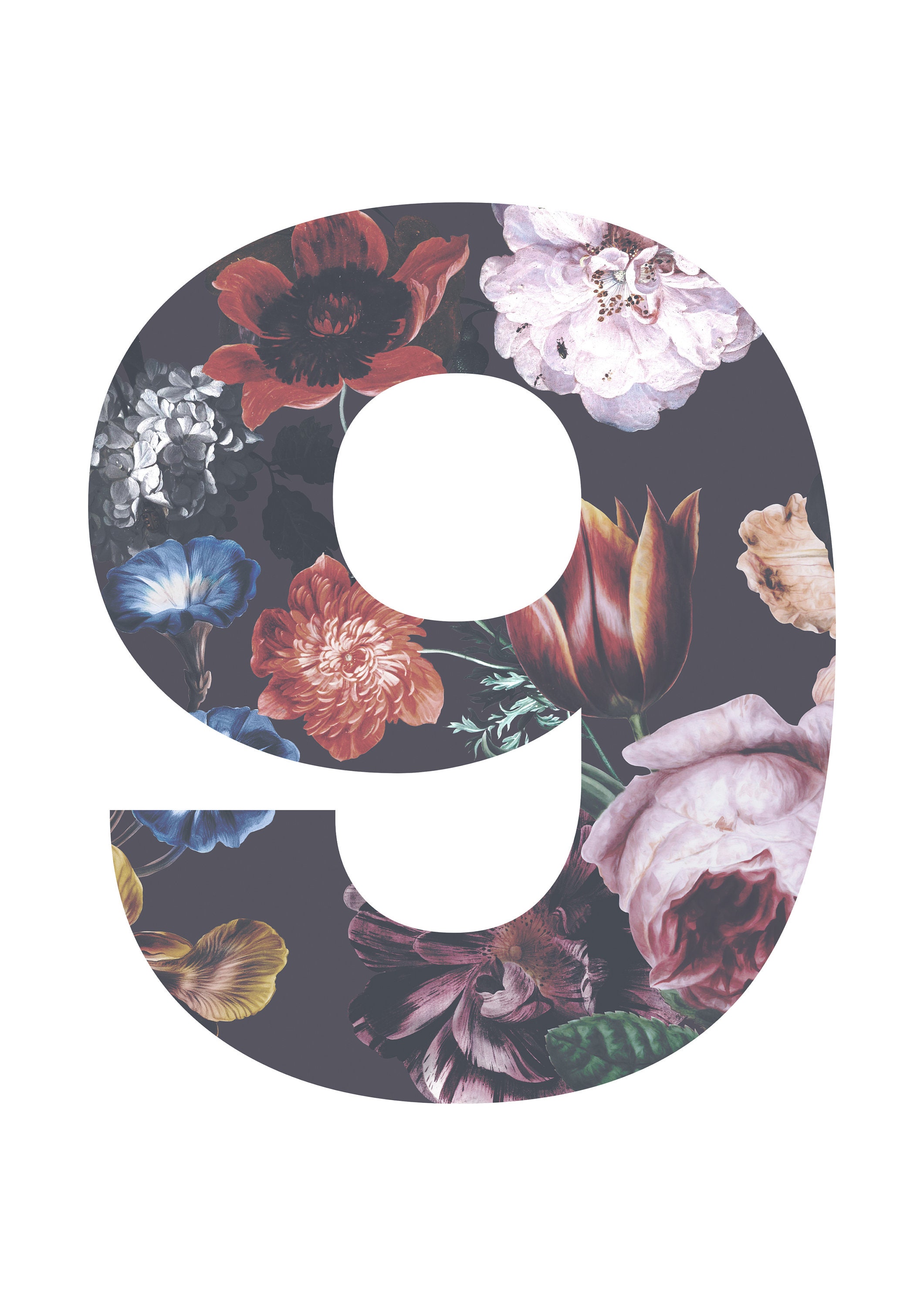 Number 9 With Dark Floral Design High Quality 300 Dpi A4 and - Etsy UK