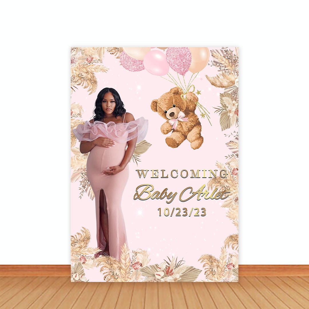 Welcome Baby Photography Backdrop Pink Flowers Bear Balloons Boho Photo ...
