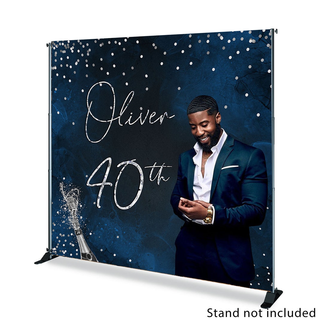 Custom Man's Birthday Photo Backdrop: Navy Blue & Silver - Etsy