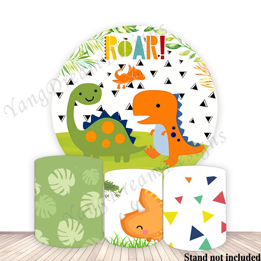 Cartoon Dinosaur Photo Backdrop Kids Birthday Round Fabric Backdrop Cover Elastic Cylinder Cover ...