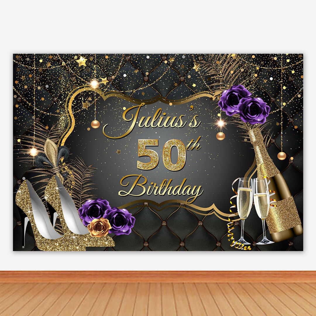 Custom 50th Birthday Photo Backdrop High Heels Wine Glasses Champagne ...