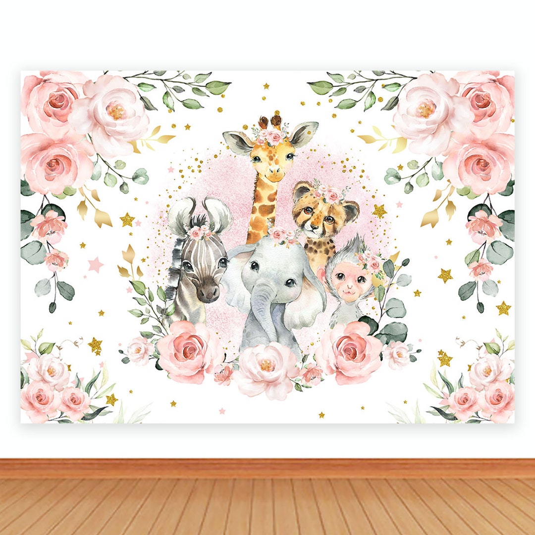 Safari Jungle Animals Backdrop Pink Flowers Photography Background ...