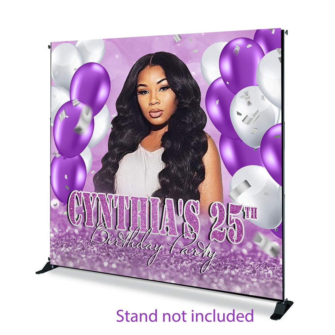 Custom Photo Birthday Backdrop With Balloons Purple and Silver ...