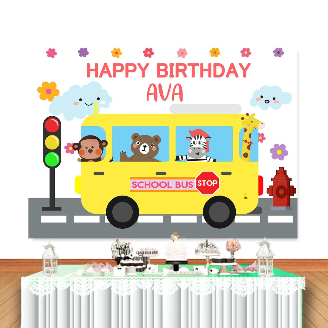 School Bus Photo Backdrop Wheels on the Bus Kids Birthday Back to ...
