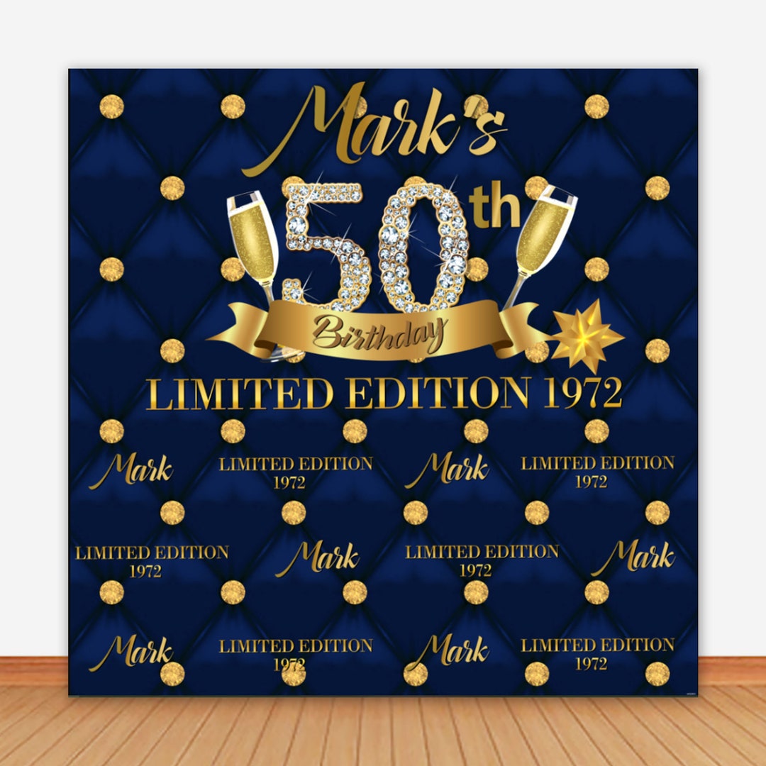 50th Birthday Photo Backdrop: Navy, Gold, Champagne - Step and Repeat ...