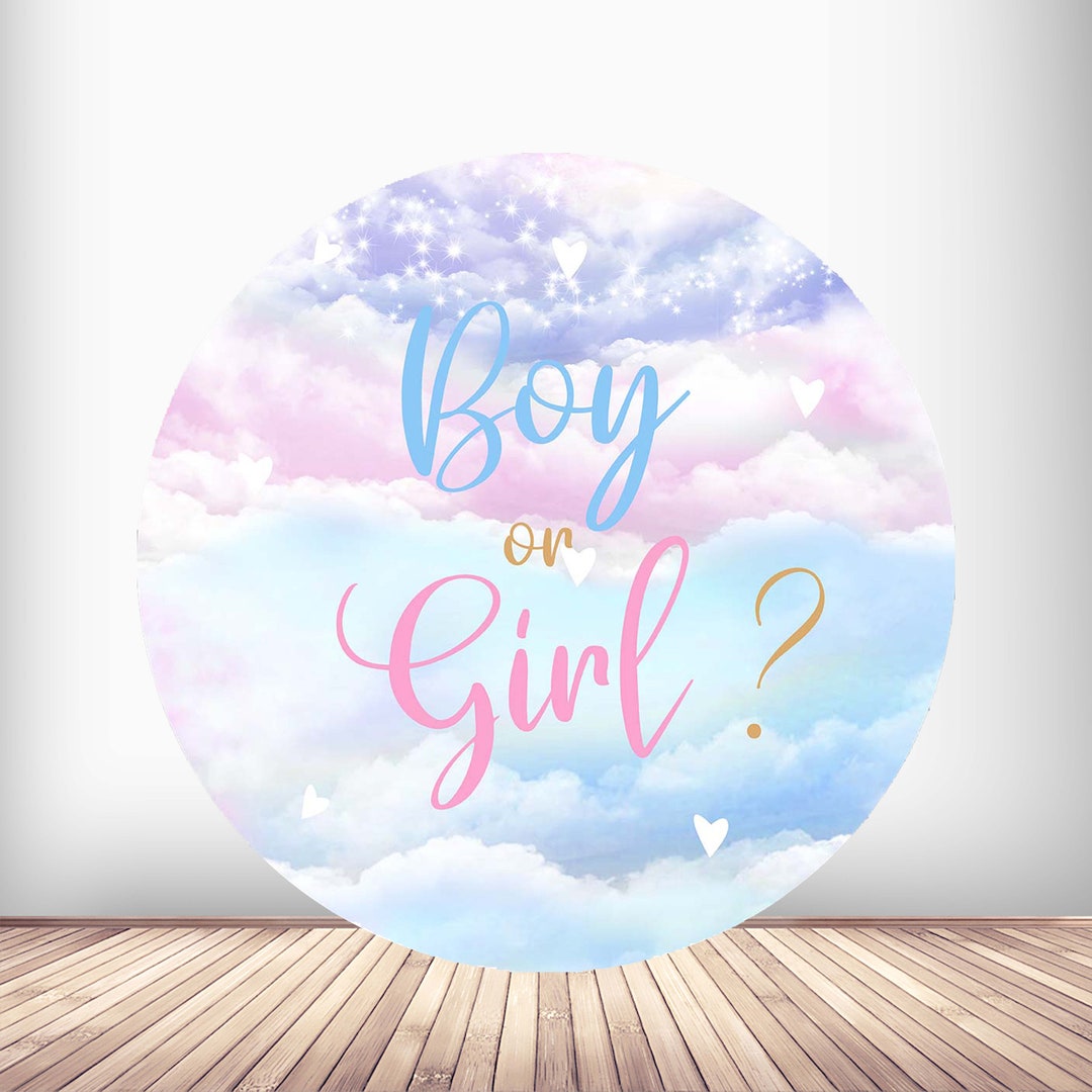 Gender Reveal Clouds Round Photo Backdrop Cover Baby Shower Girl or Boy ...