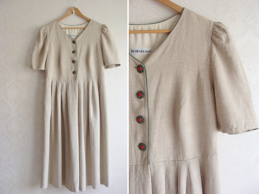 Vintage Linen Beige Dirndl Dress, Traditional German Austrian Trachten ...
