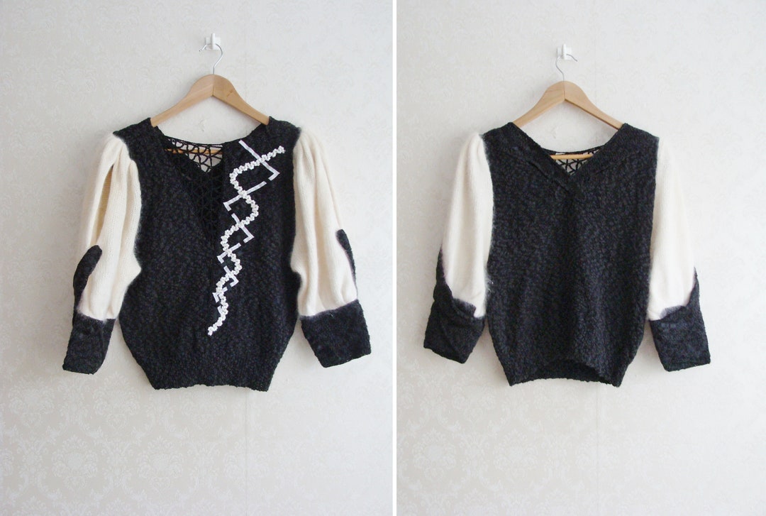 90s Angora Puff Sleeve Sweater Top, Black & White Color Block Knit Top ...