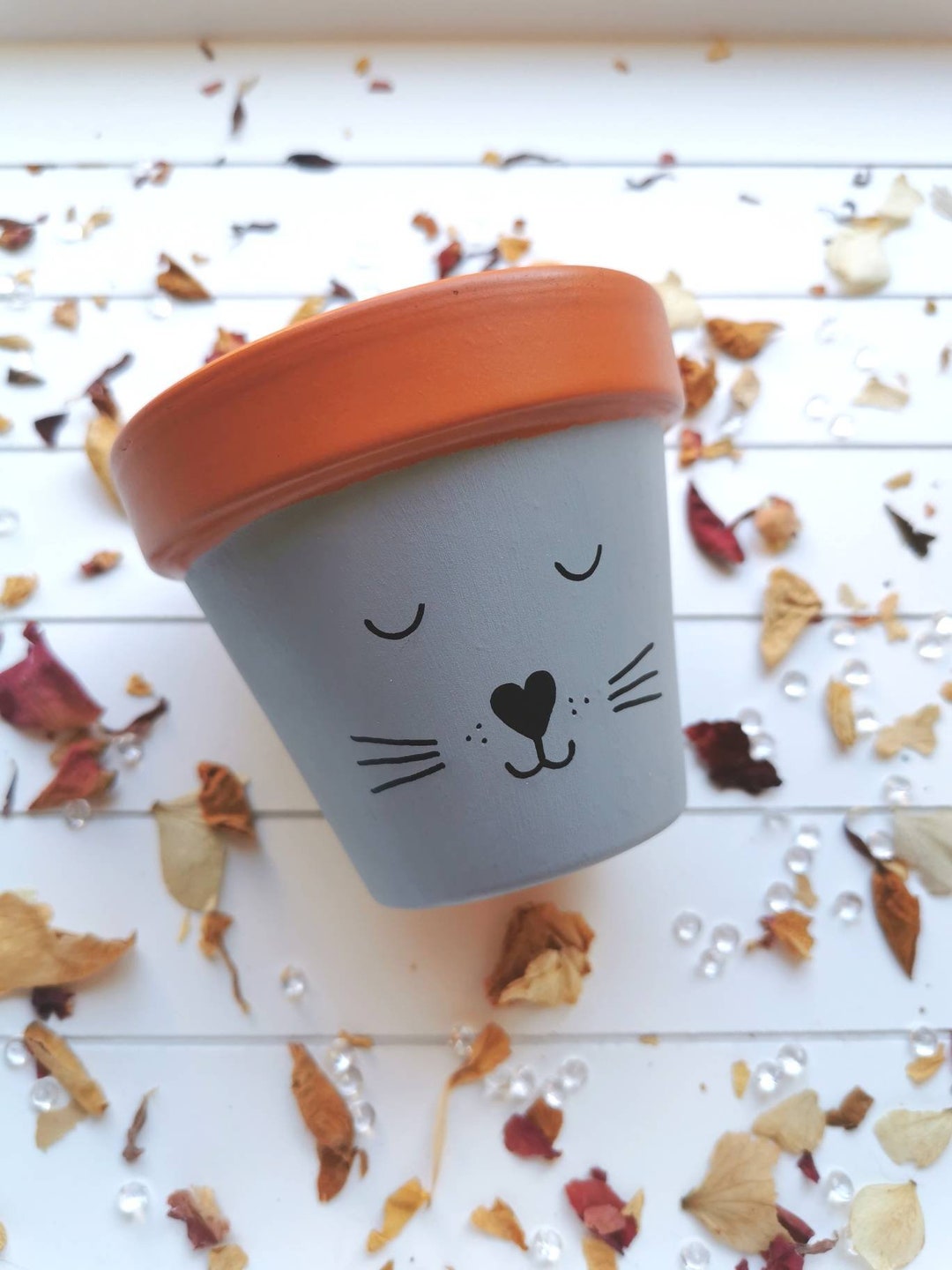 Cat Face Plant Pot, Hand Painted Terracotta Pot, Grey Cat Plant Pot ...