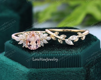 Pear Shape Morganite Engagement Ring Set Vintage Unique - Etsy