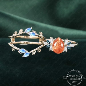 Vintage Sunstone Engagement Ring Sets Women Yellow Gold Unique Pear Shaped Cluster Ring ...