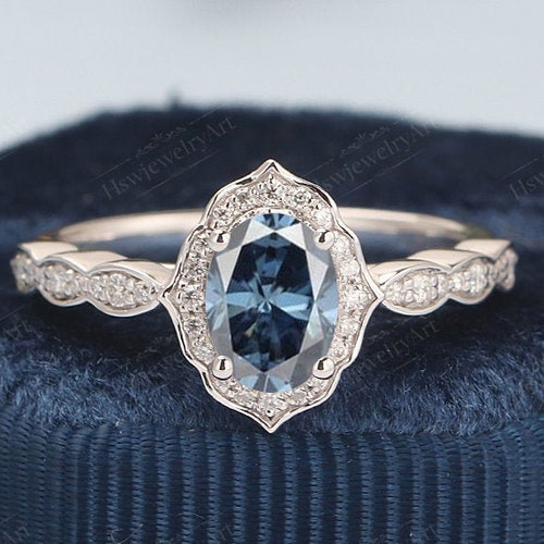 Blue Grey Moissanite Engagement Ring Sets Oval Vintage Halo - Etsy