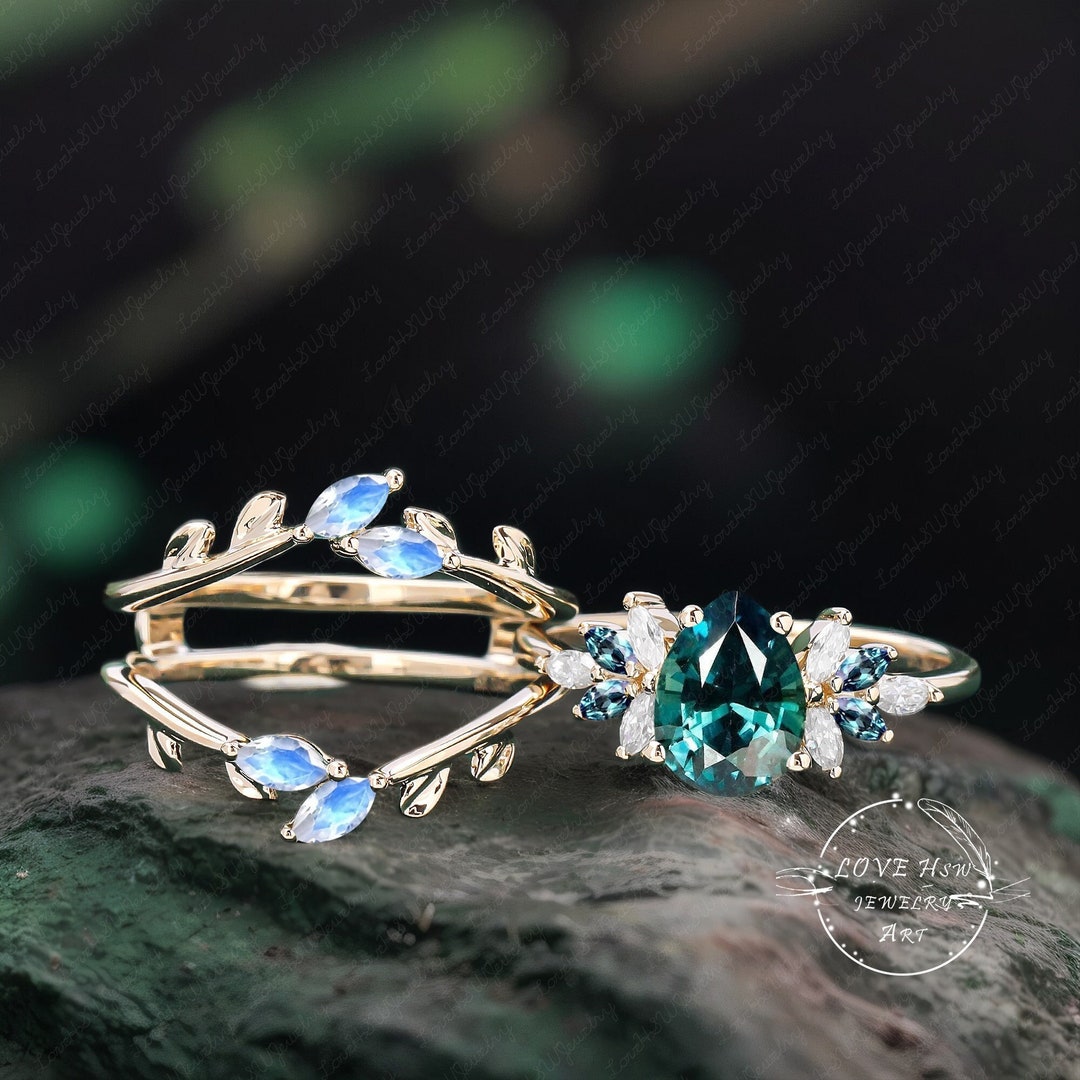 Vintage Teal Sapphire Engagement Ring Sets Rose Gold Women Unique Pear ...