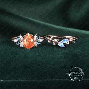 Vintage Sunstone Engagement Ring Sets Women Yellow Gold Unique Pear Shaped Cluster Ring ...
