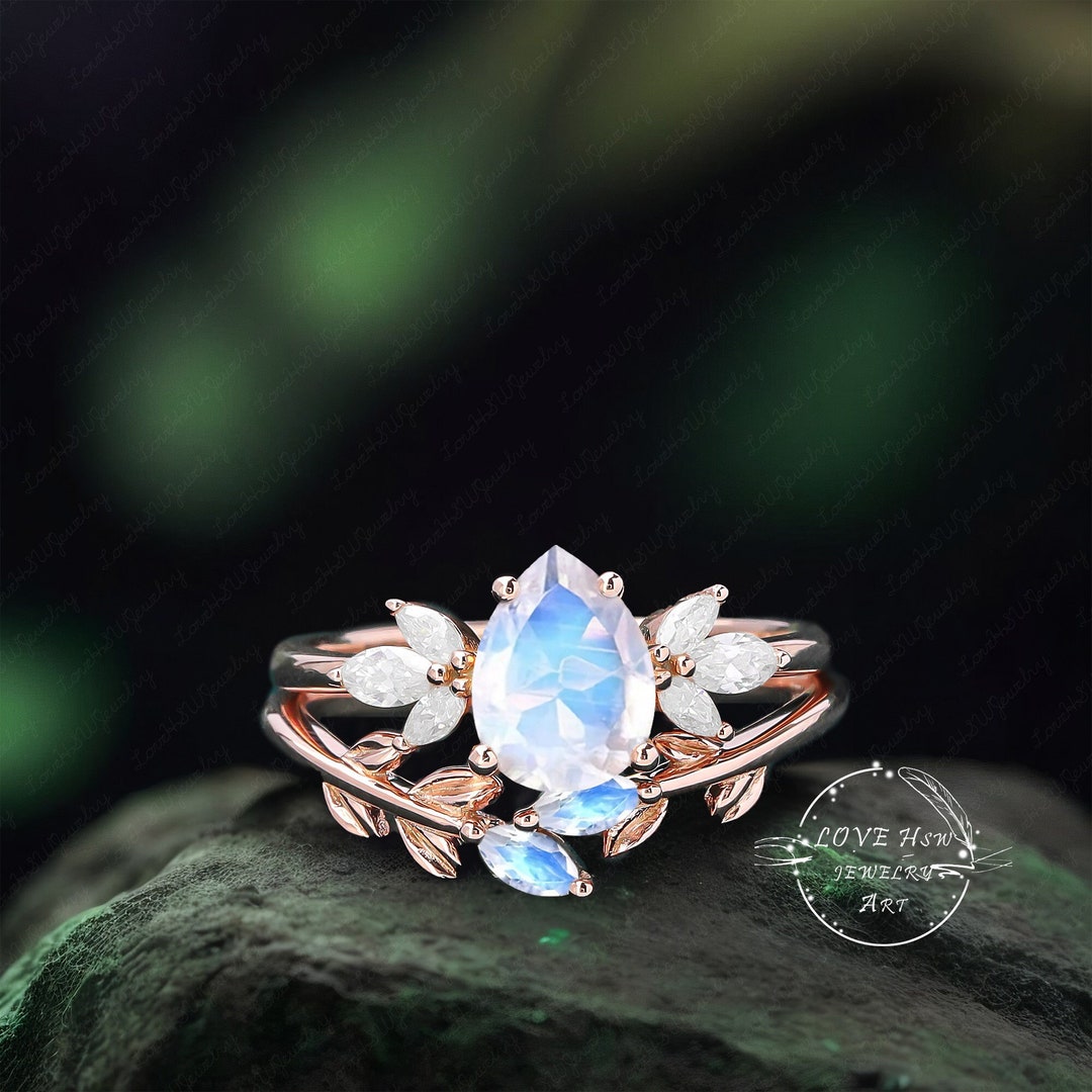 Pear Shape Moonstone Engagement Ring Set Vintage Unique Marquise Cut ...