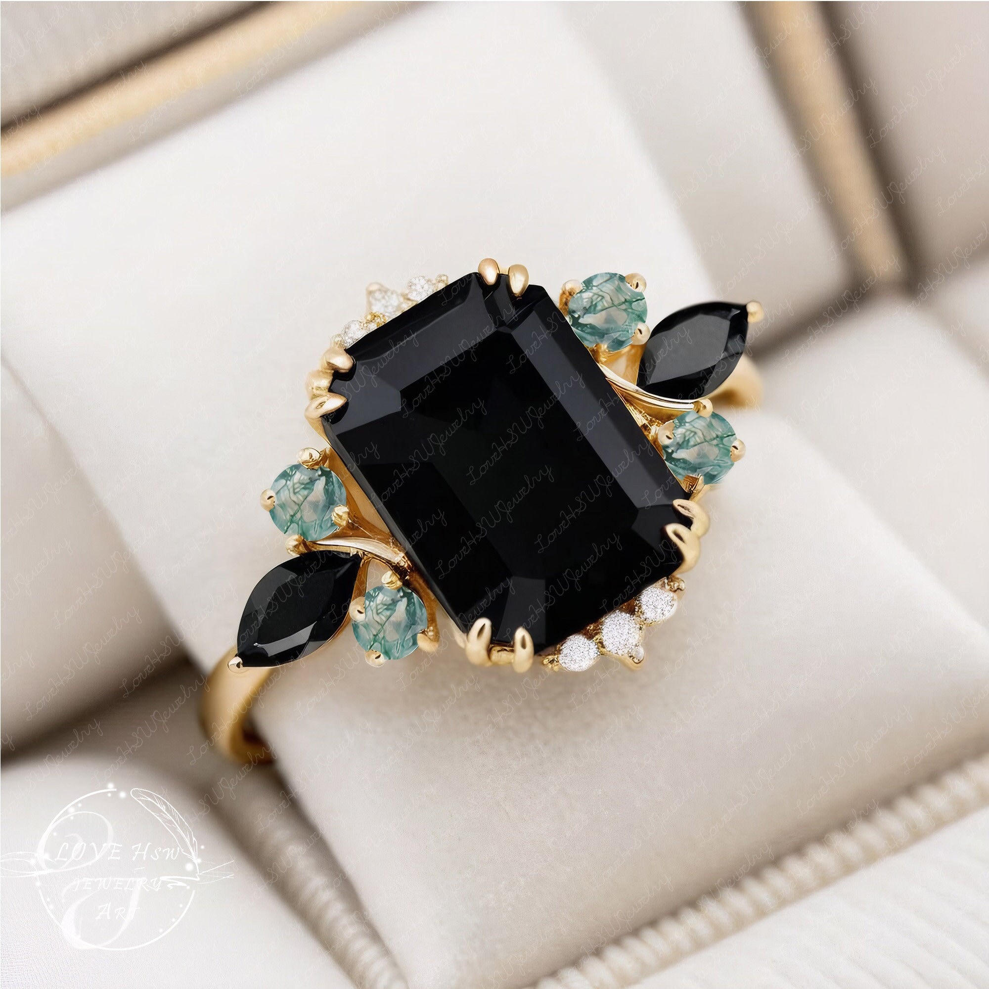Natural 4ct Black Onyx Engagement Ring Unique Statement Ring Emerald ...