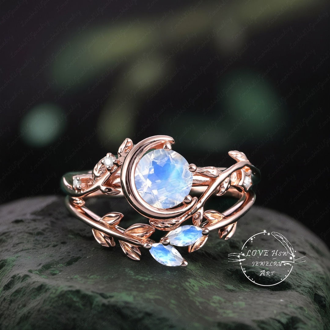 Vintage Natural Moonstone Engagement Ring Set Nature Inspired Bridal ...