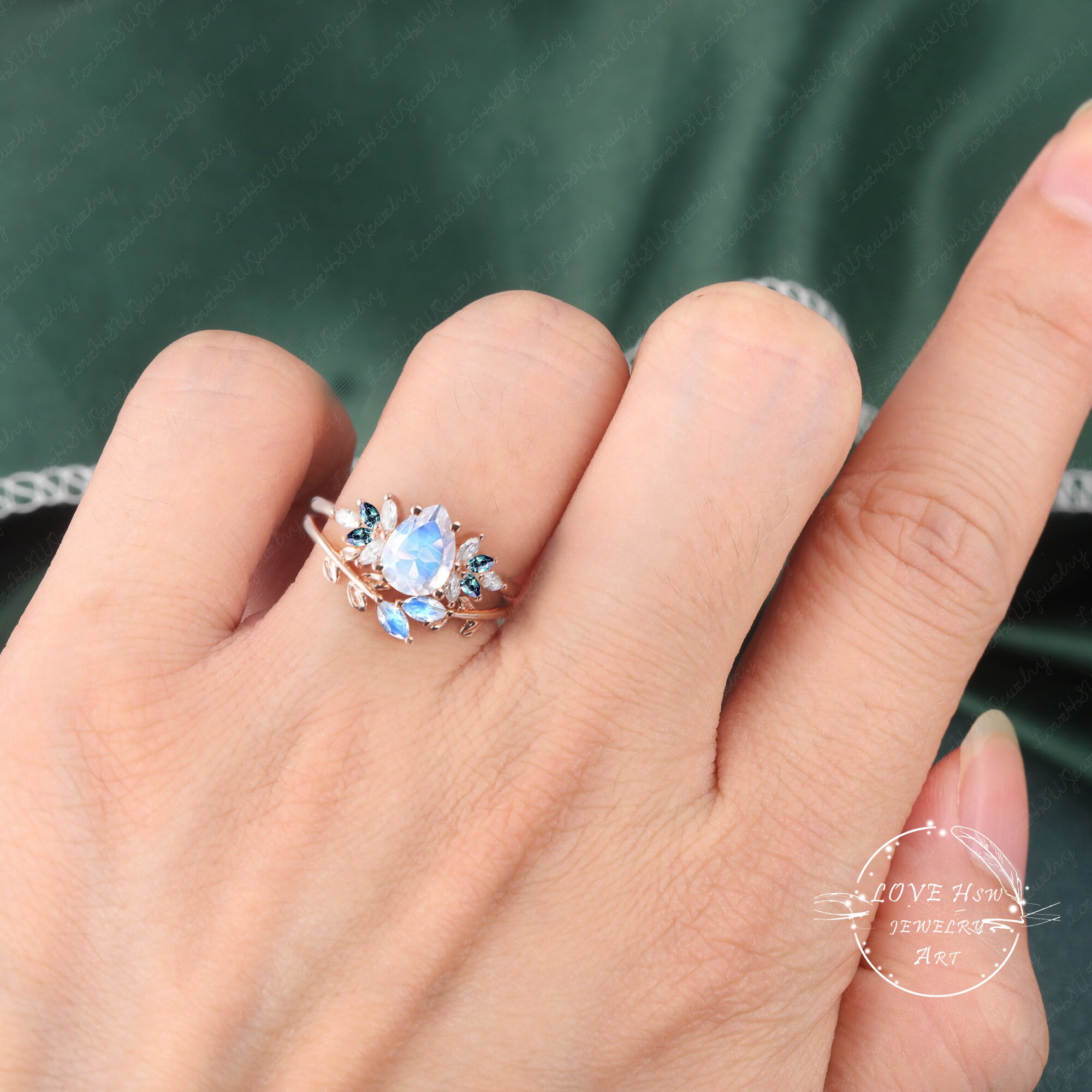 Vintage Moonstone Engagement Ring Sets Women Rose Gold Unique Pear ...