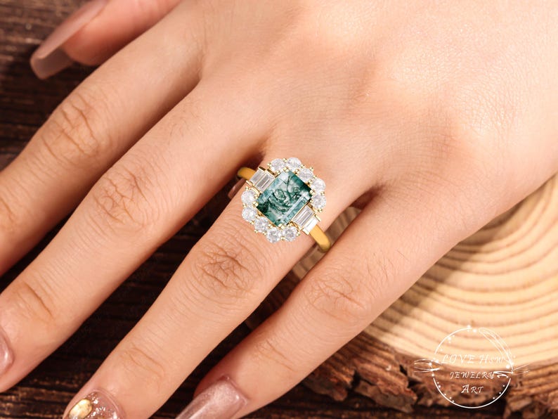 Emerald Cut 3.0ct Moss Agate Ring Solid Gold Engagement Ring Promise ...