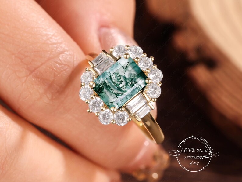 Emerald Cut 3.0ct Moss Agate Ring Solid Gold Engagement Ring Promise ...