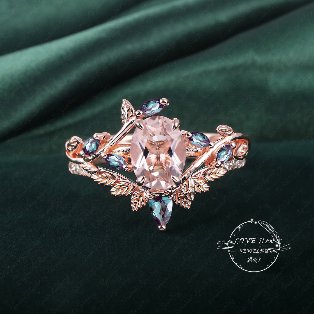 Art Deco Oval Morganite Engagement Ring Bridal Sets Rose Gold Unique ...