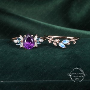 Vintage Amethyst Engagement Ring Set Women Rose Gold Unique Pear Shaped ...