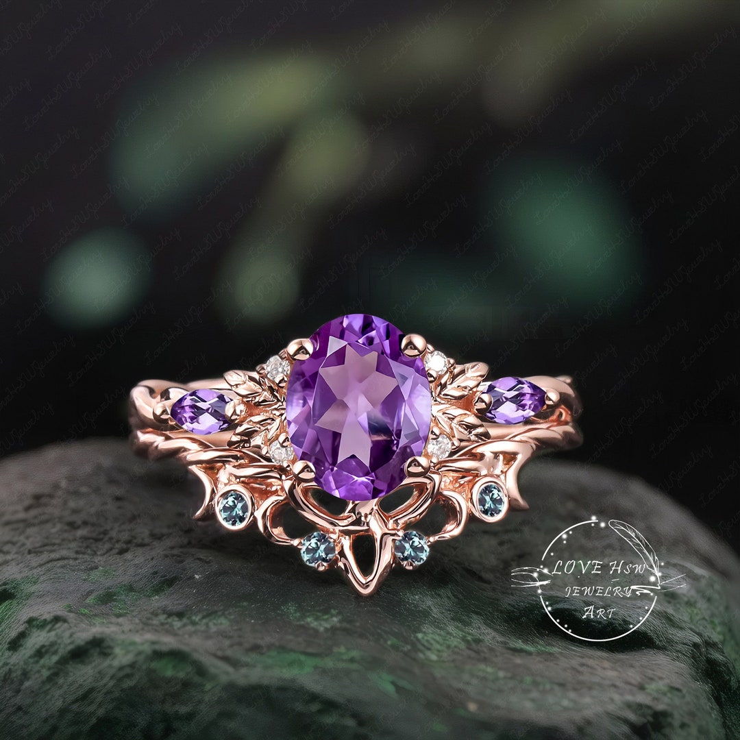 Vintage Oval Amethyst Engagement Ring Set Bridal Sets Leaf Rose Gold ...