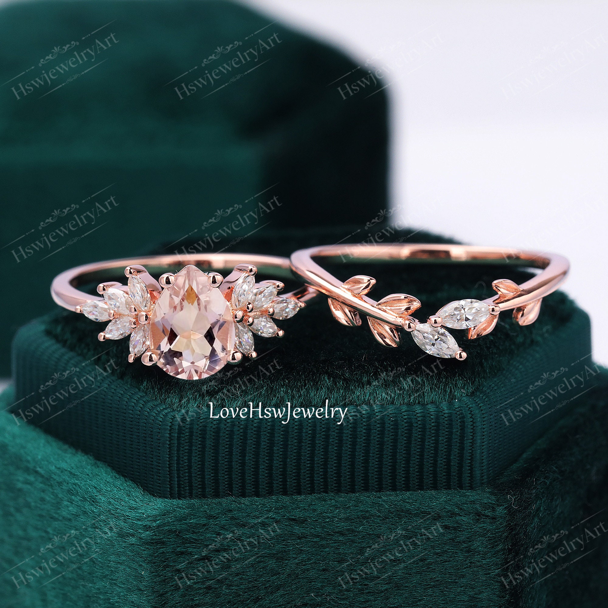 Vintage Pear Shape Morganite Engagement Ring Set Unique | Etsy