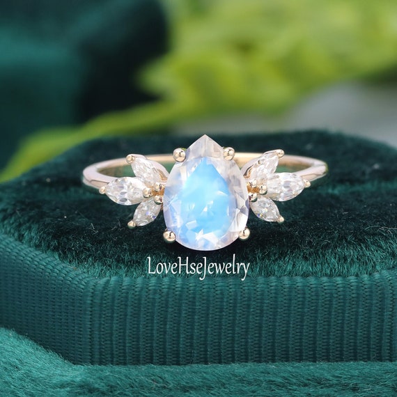 Pear Shaped Moonstone Engagement Ring Vintage Rose Gold Unique - Etsy