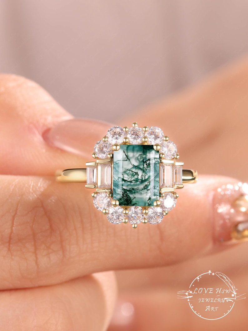 Emerald Cut 3.0ct Moss Agate Ring Solid Gold Engagement Ring Promise ...